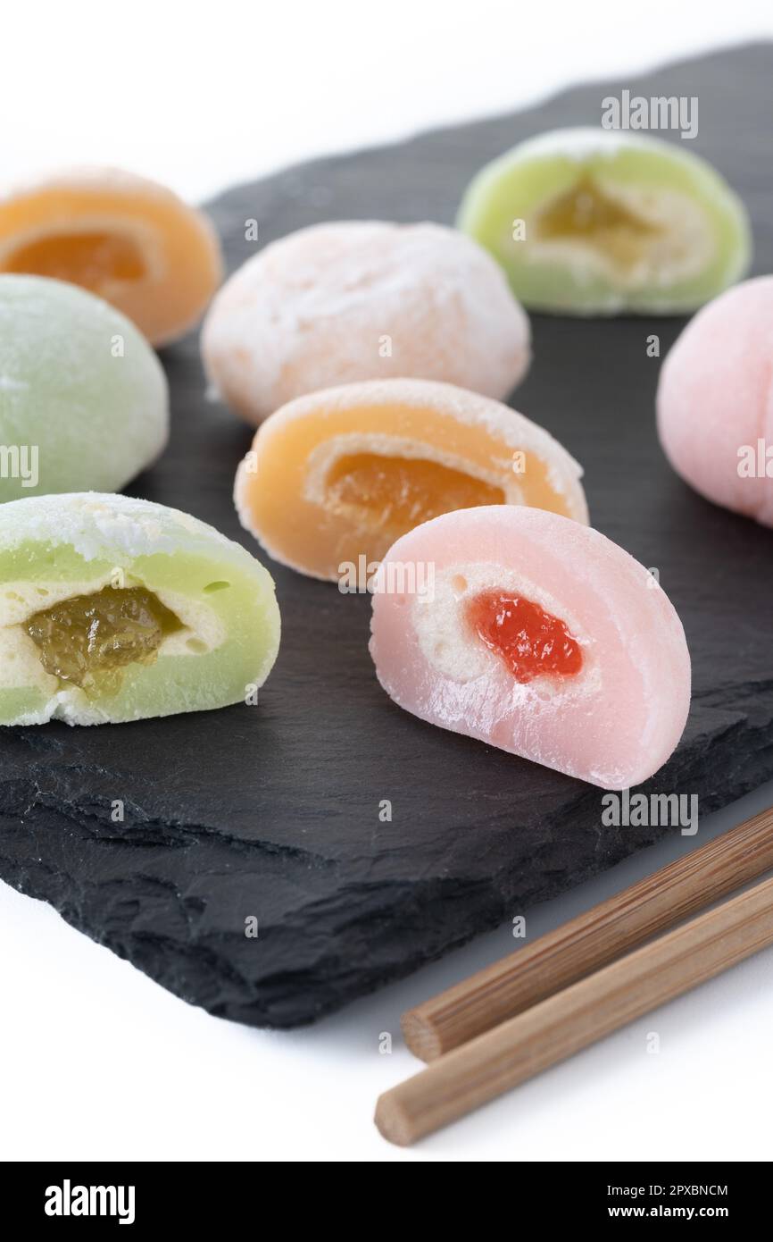Japanese colorful mochi isolated on white background Stock Photo - Alamy