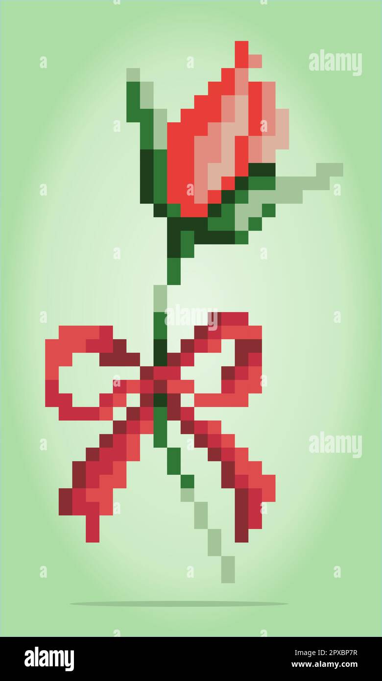 8 bit pixel roses with ribbons. Flower shoots for Cross Stitch patterns ...