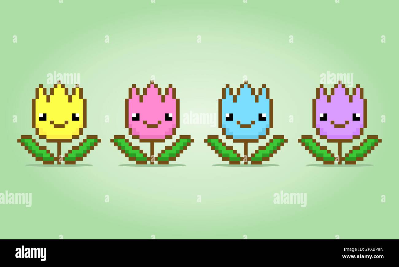 8 bit pixel flower of tulip. Set of flowers for cross stitch patterns ...