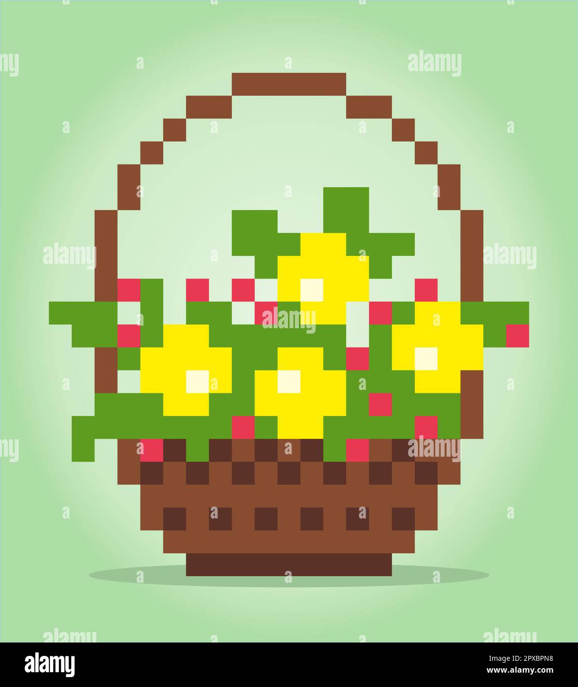 8-bit pixel flowers on the basket. Bouquet flowers for cross stitch ...