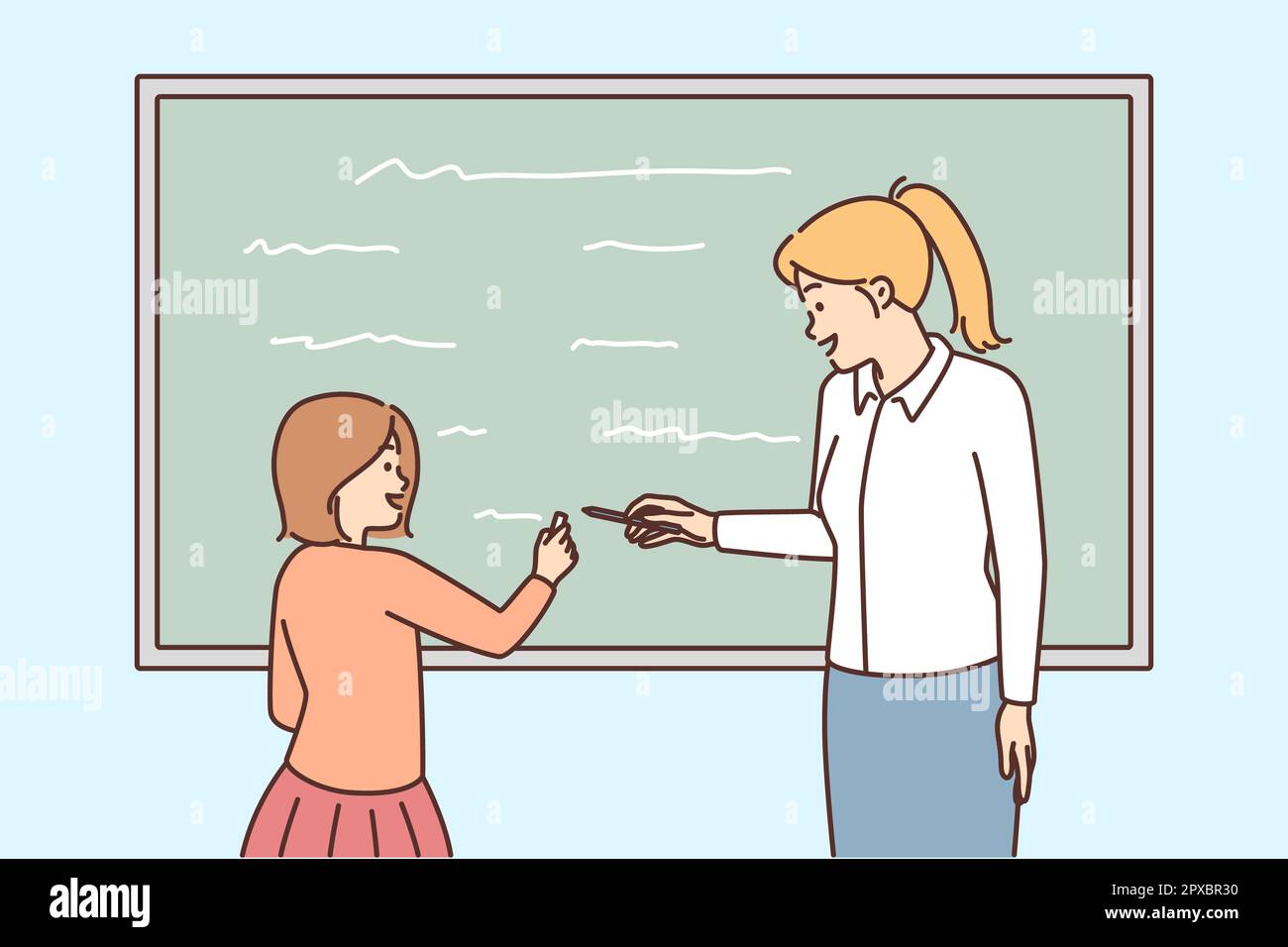 Smiling female teacher and schoolgirl writing on blackboard in ...