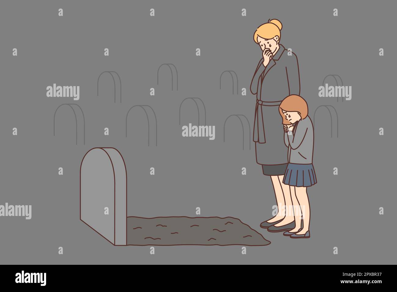Depressed young mother and daughter crying at tombstone of deceased ...
