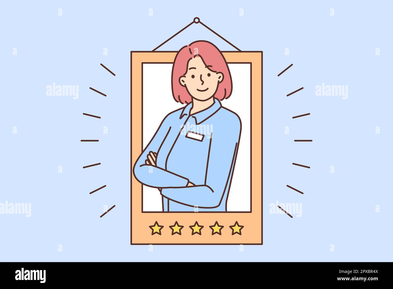 Smiling female employee in uniform receive best worker of month award ...