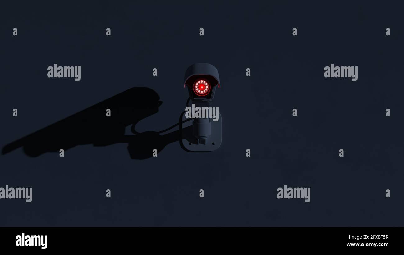 Surveillance camera glowing in the dark. Ominous mood scene with ...