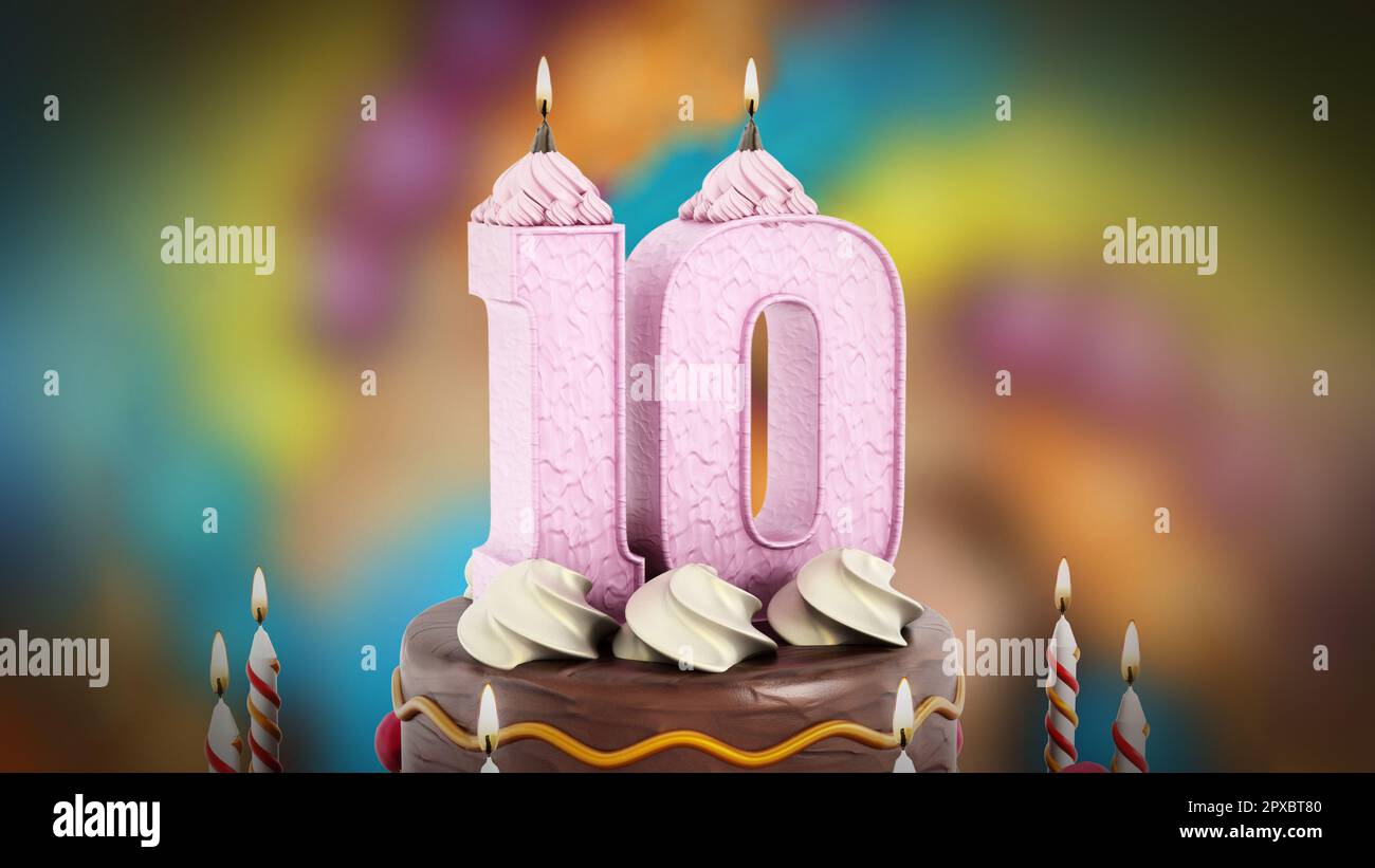 Birthday cake with lit number 10 candle. 3D illustration Stock Photo ...