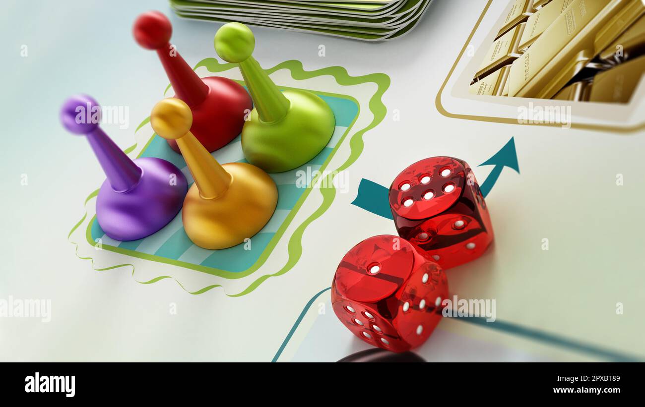 Board game pawns, dices and cards on boardgame table. 3D illustration ...