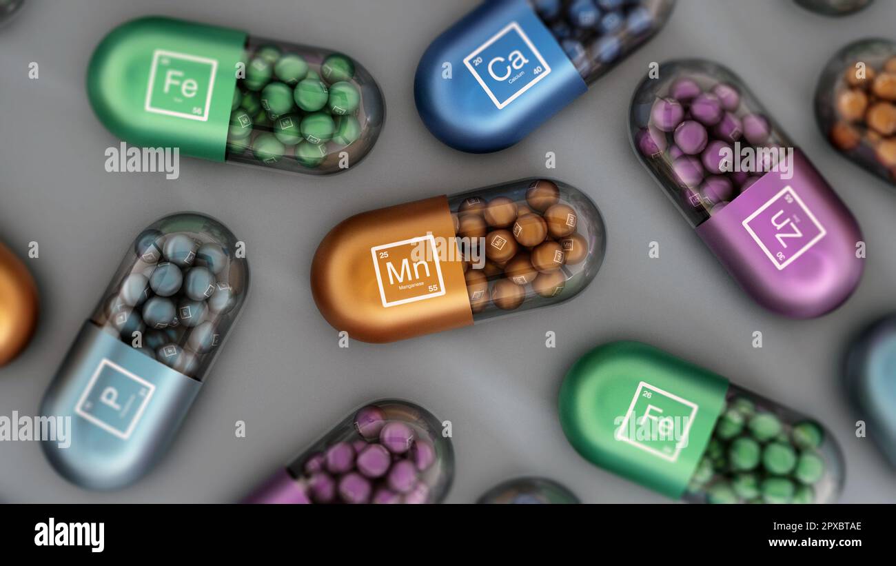 Multi-colored mineral pills on gray surface. 3D illustration Stock ...
