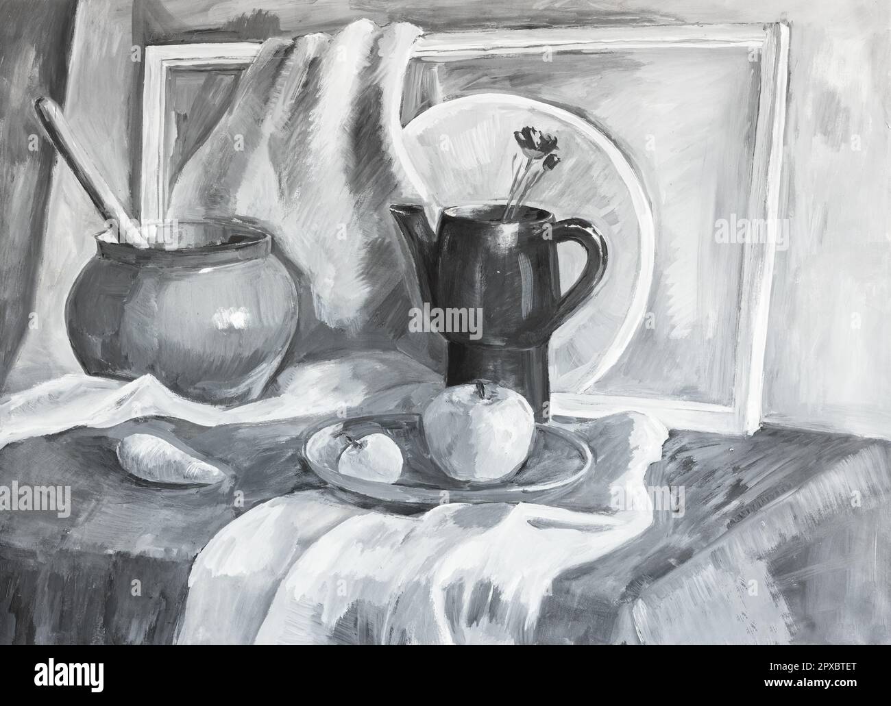 monochrome still life with pot, old kettle and fruits and picture frame ...