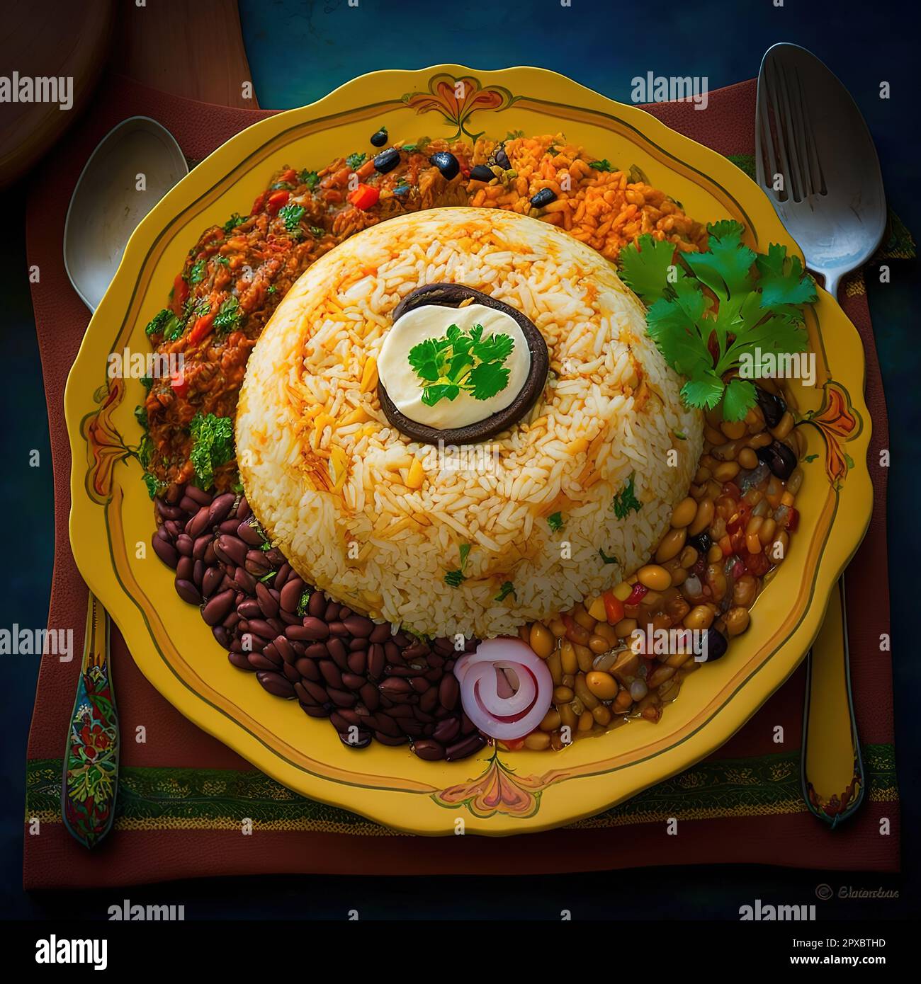 The painting captures the traditional and popular dish of Belize, rice ...