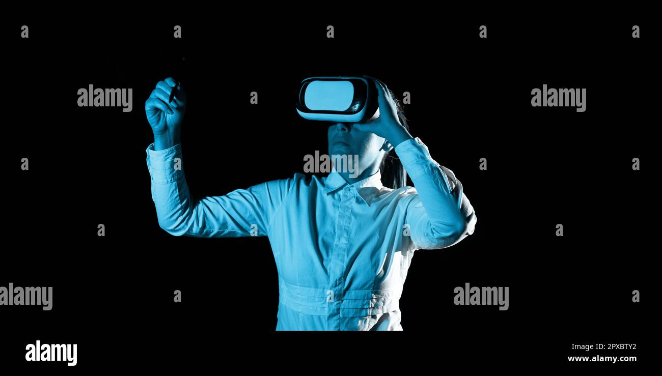 Woman Wearing Vr Glasses And Writing On Important Messages With pen ...