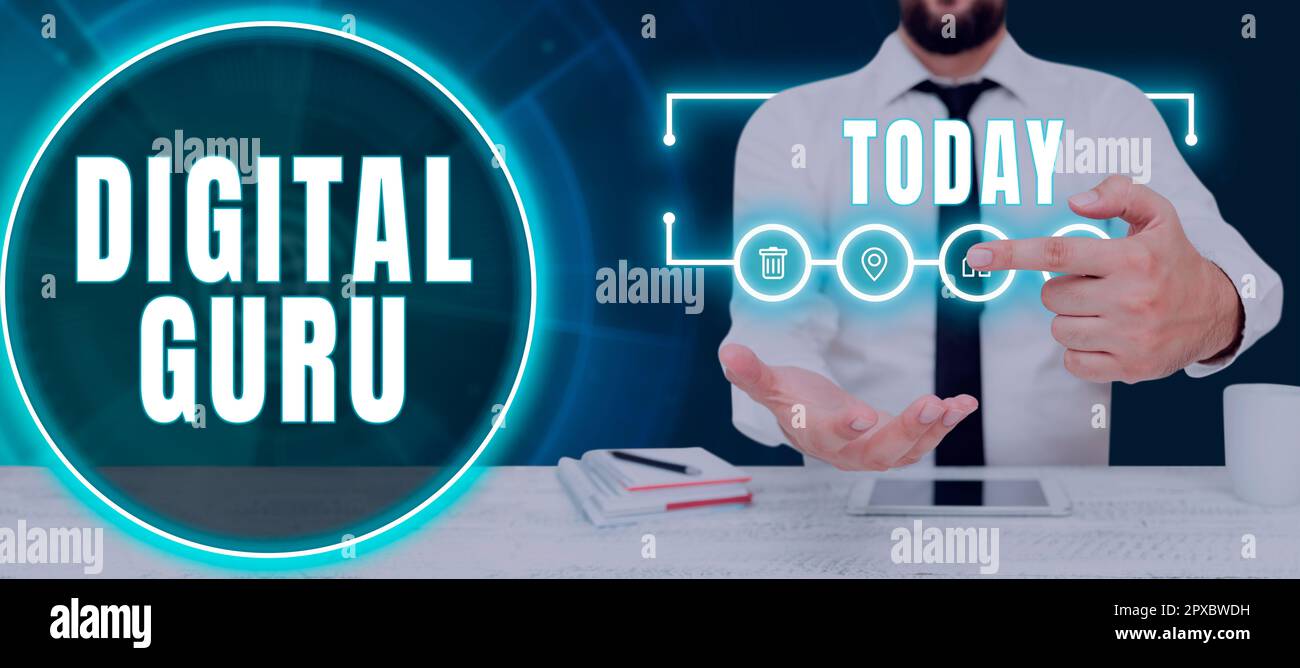 Text caption presenting Digital Guru, Word Written on teacher and ...