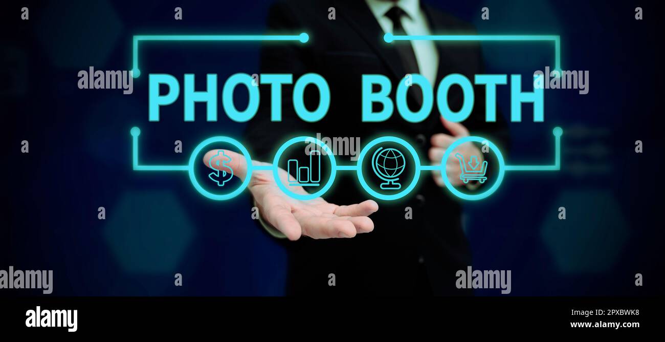 Hand writing sign Photo Booth, Business overview form of photo sharing ...