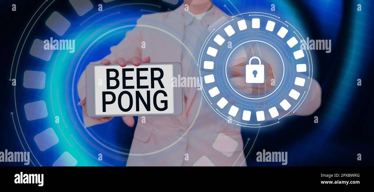 Text caption presenting Beer Pong, Word Written on a game with a set of ...