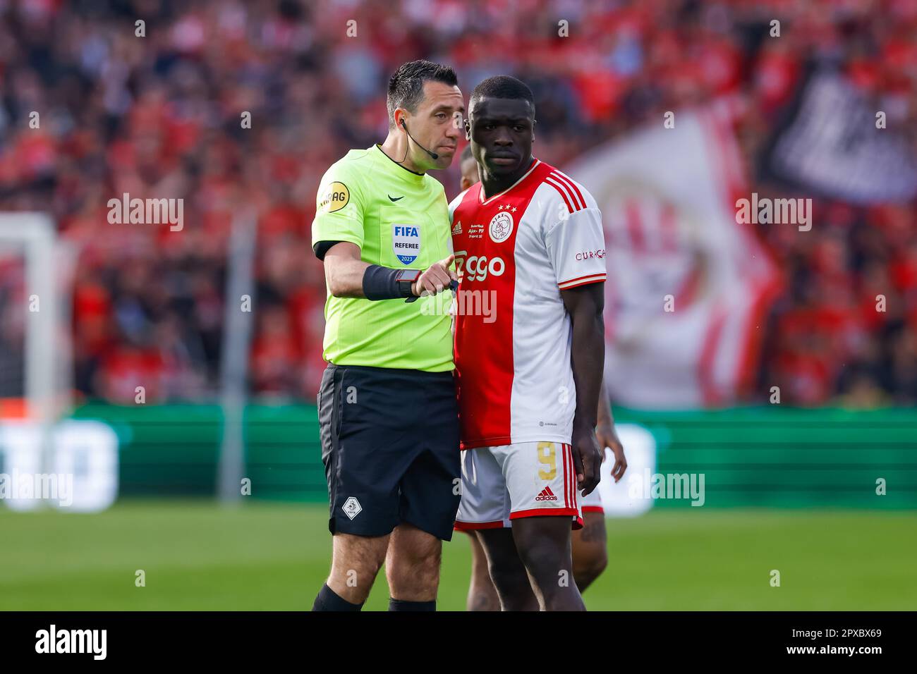 ROTTERDAM, NETHERLANDS - APRIL 30: Referee Dennis Higler, Brian Brobbey ...