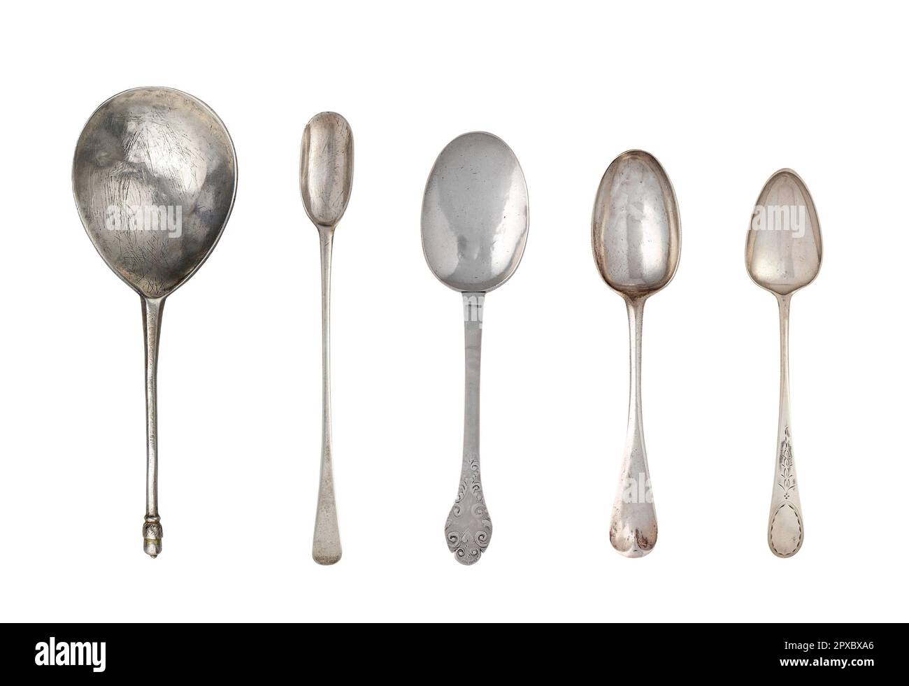 Vintage silver tea spoon se, ancient sipverware isolated, top view ...