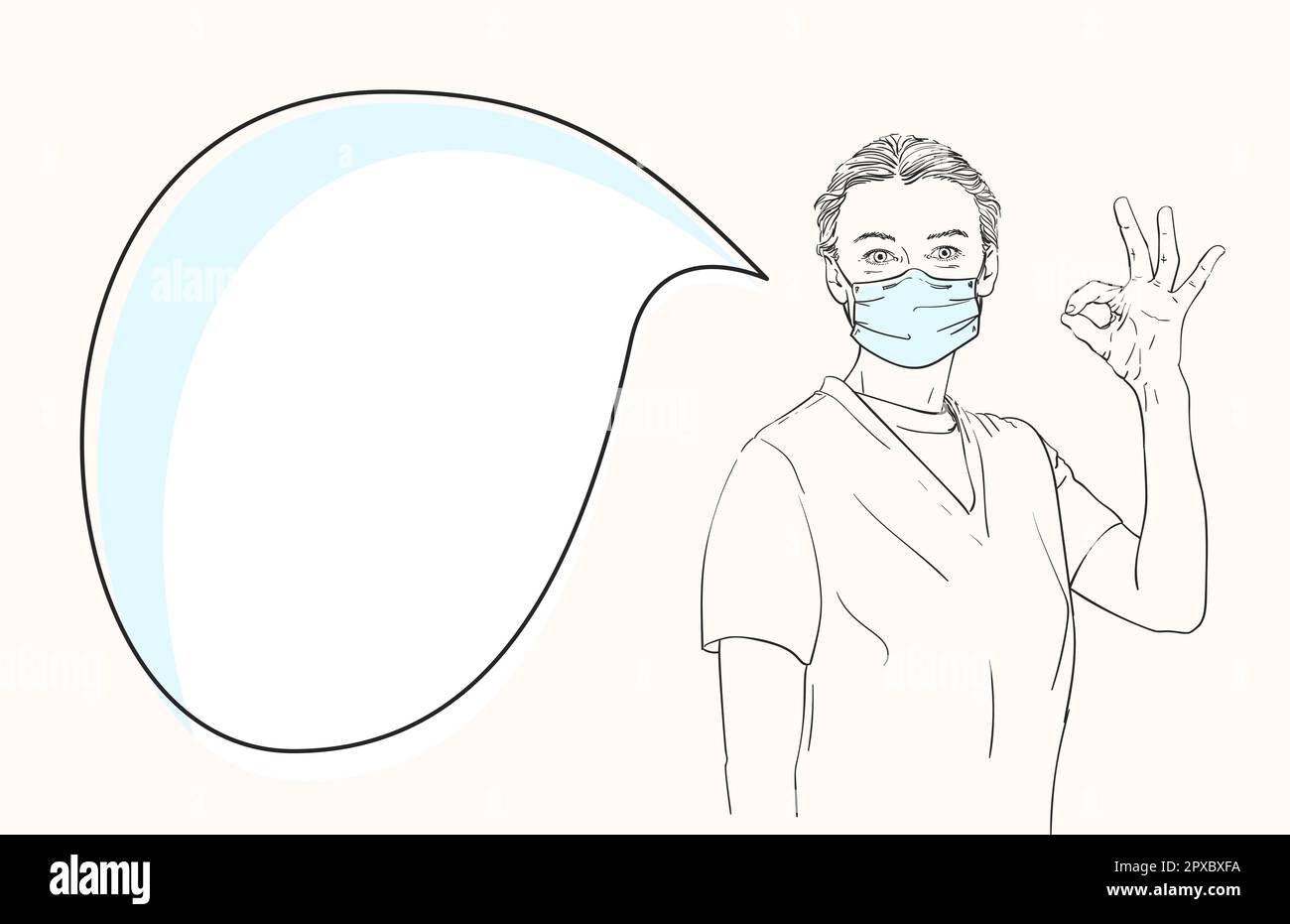 Sketch of woman wearing medical face mask and showing okay gesture ...