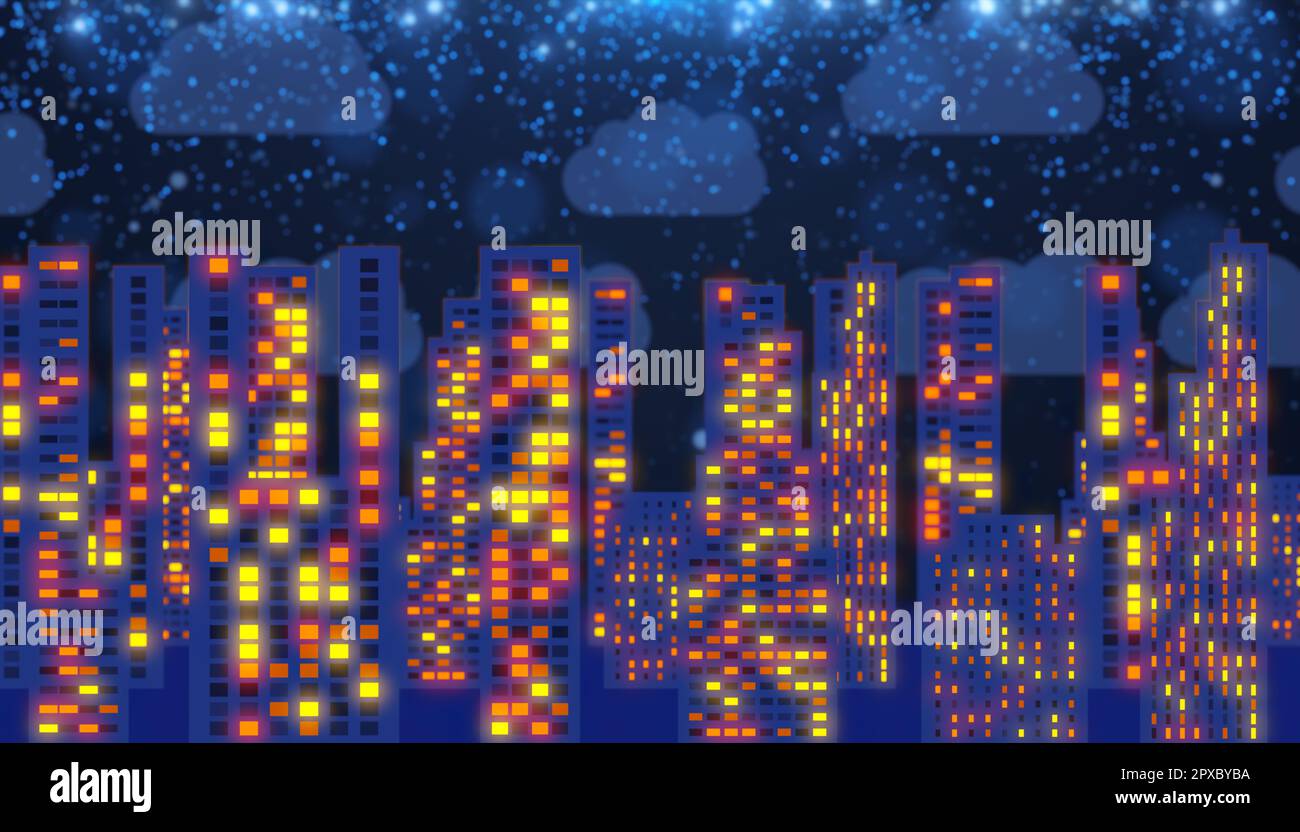 Skyscrapers and clouds against the background of night and snow.3D ...