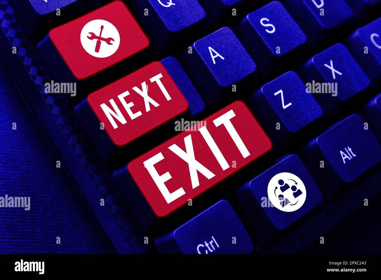 Text sign showing Next Exit, Concept meaning the following way out or ...