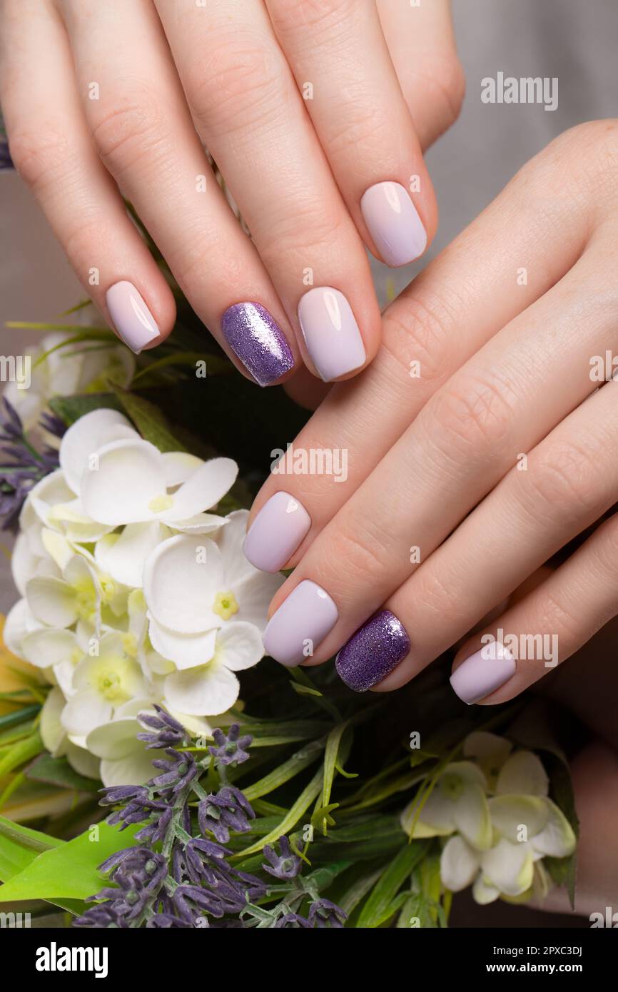 Purple neat manicure on female hands on a background of flowers. Nail ...