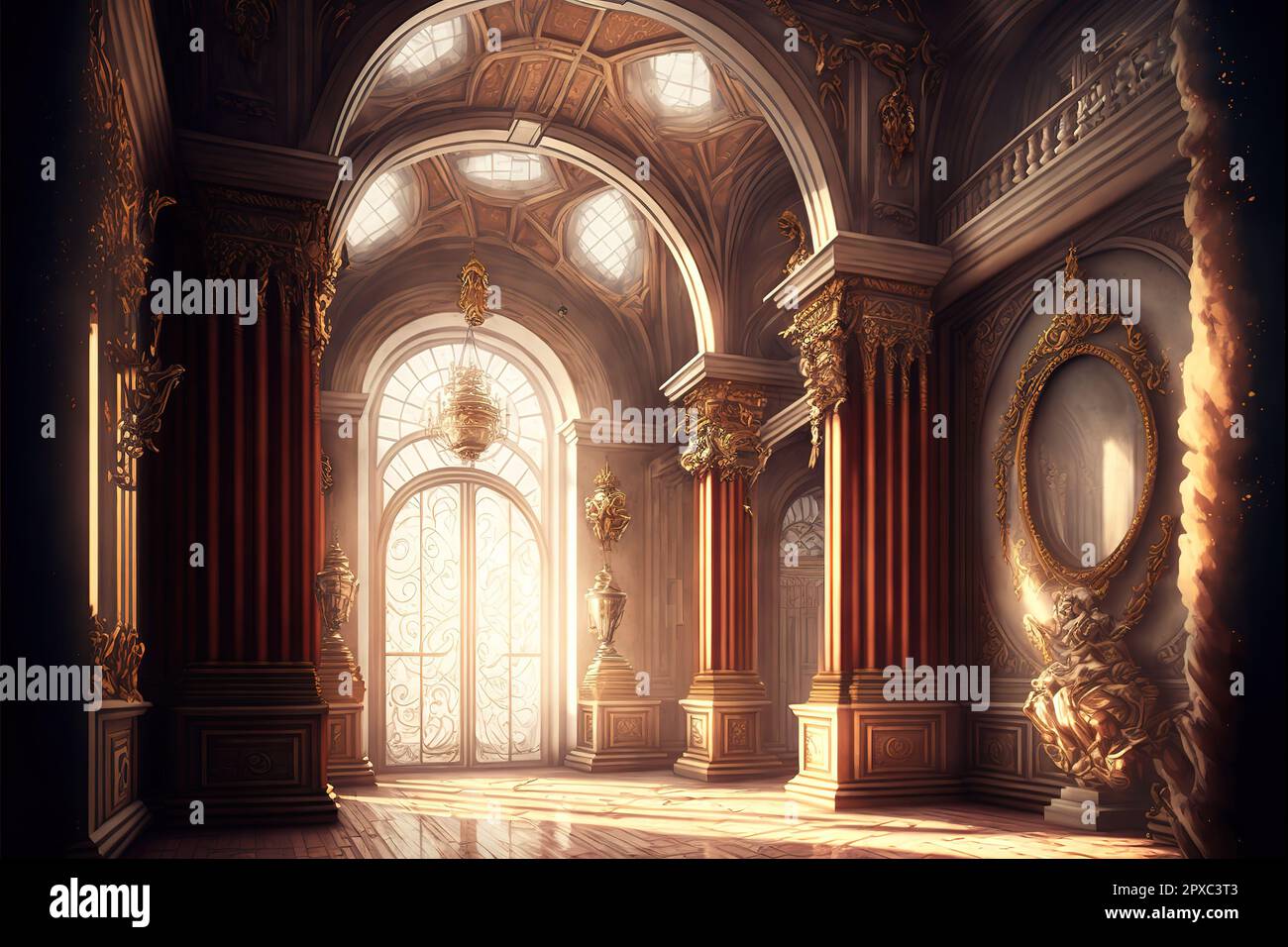 A realistic fantasy interior of the palace. golden palace. castle ...