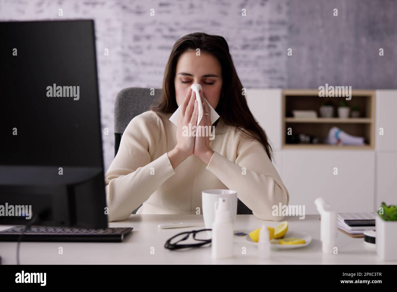 Sick Office Employee Sneezing At Work. Business Executive Stock Photo ...