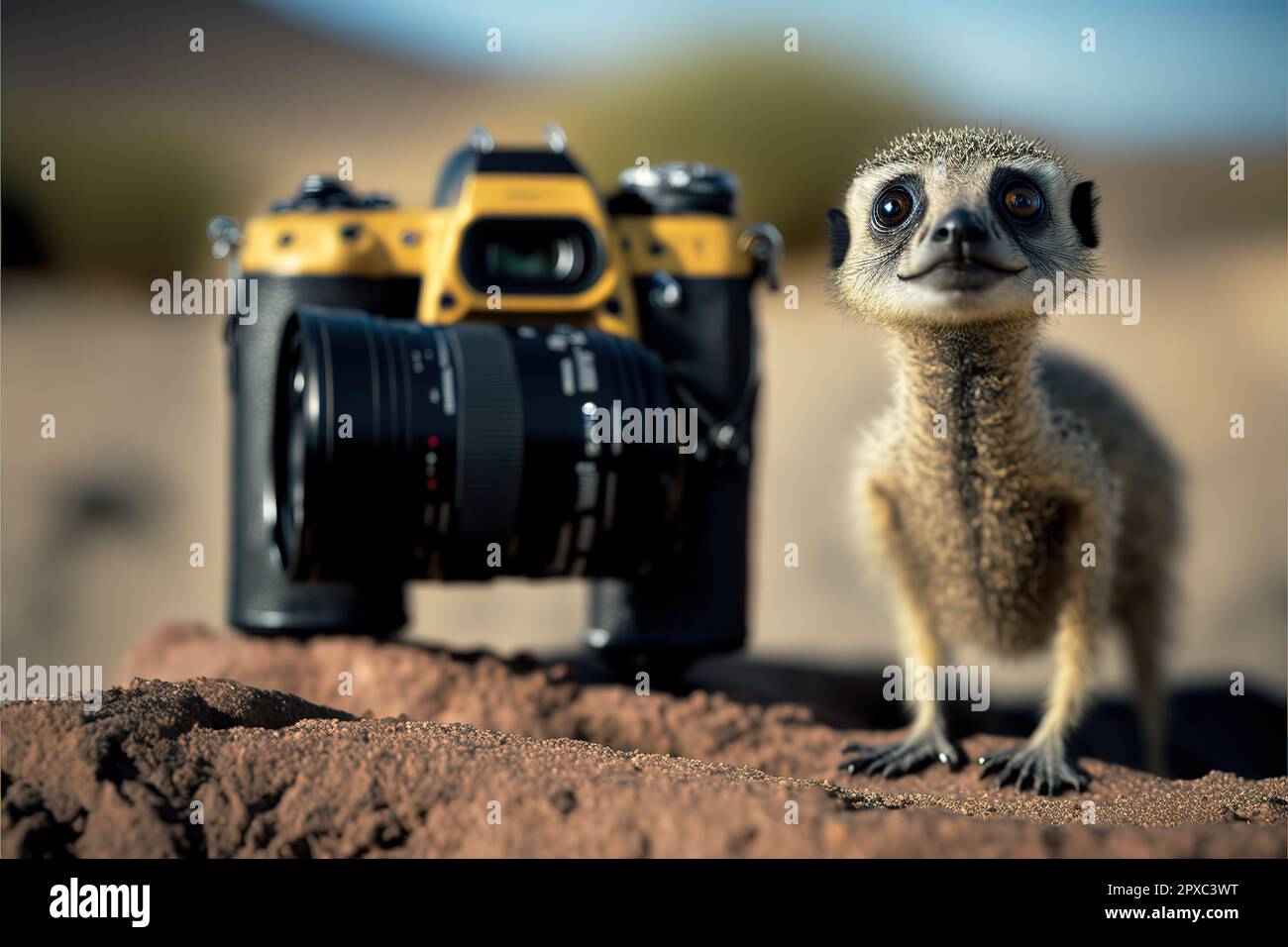 Camera and a meerkat Stock Photo - Alamy