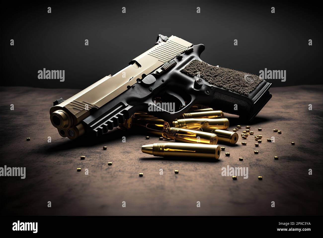 Hand gun with ammunition on dark background. 9 mm pistol military ...