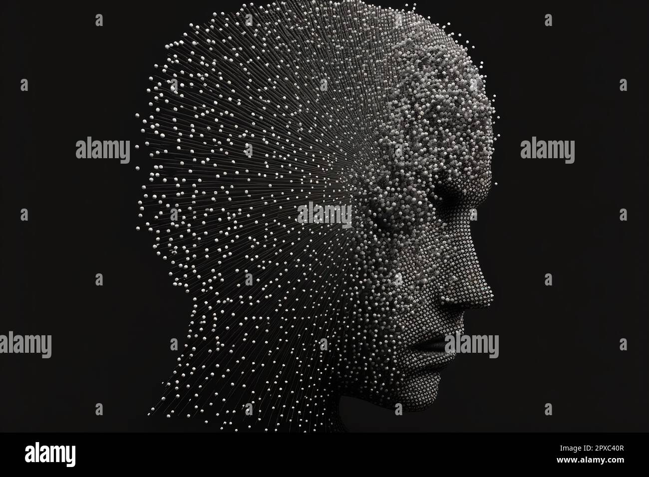 Human head shape made from a large grid of pins connected with string ...