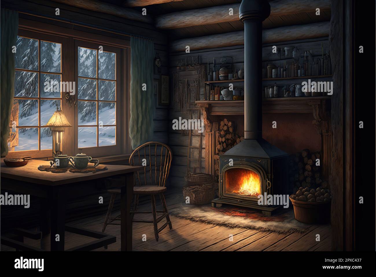 cabin interior, Winter, fireplace Stock Photo - Alamy