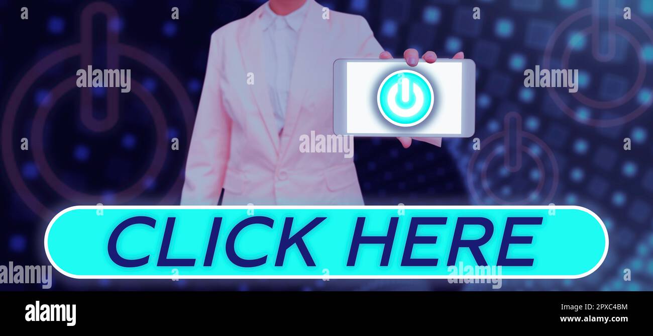 Hand writing sign Click Here, Word Written on carry out a computer ...