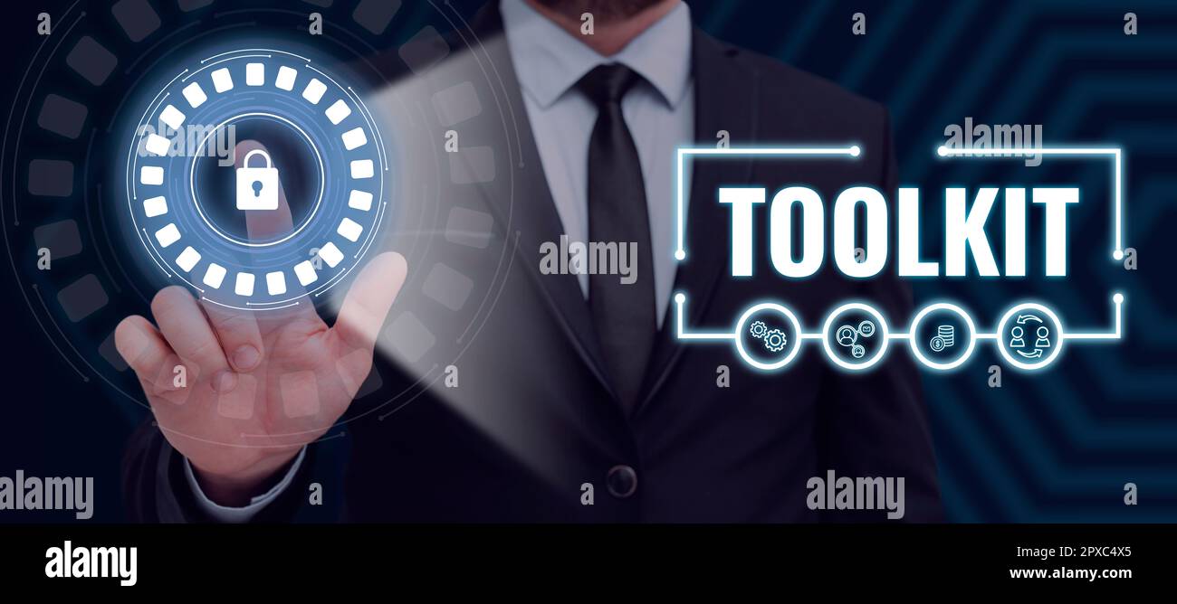 Text sign showing Toolkit, Business concept set of tools kept in a bag ...