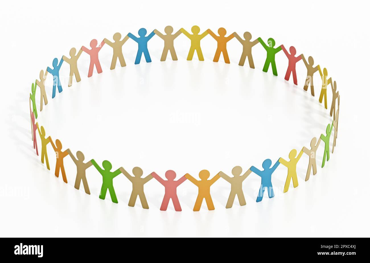 Colorful paper cut figures holding hands form a circle shape. Diversity and friendship concept ...