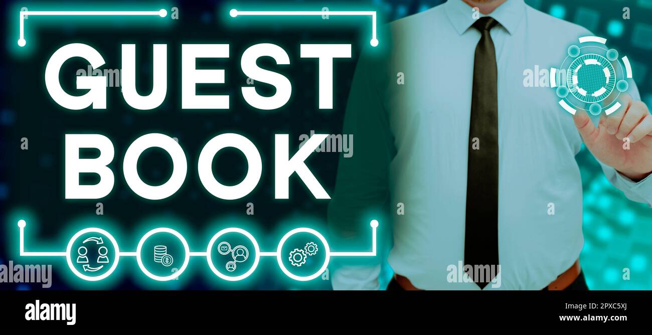 Hand writing sign Guest Book, Concept meaning electronic means for a ...