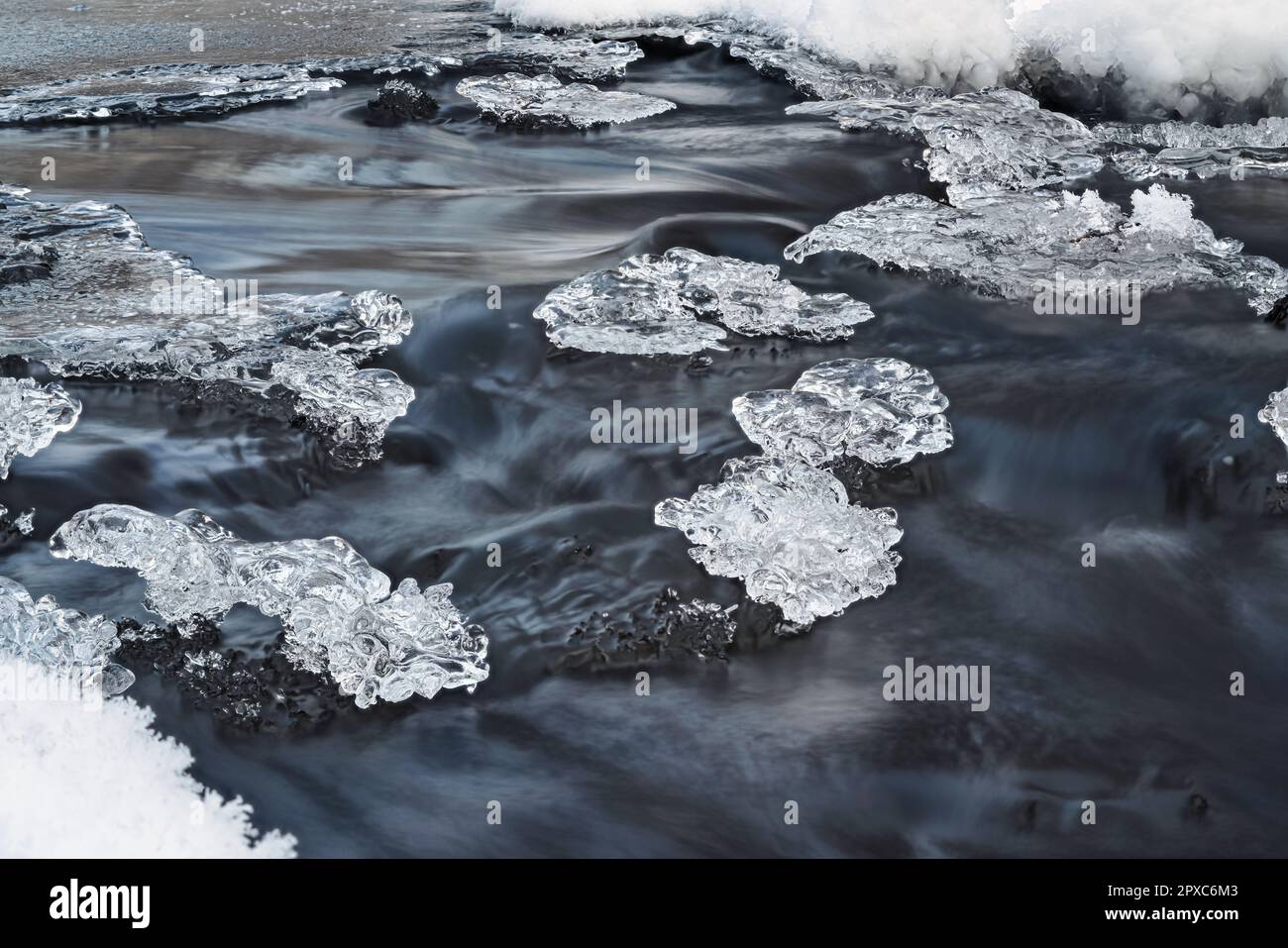 Ice on frozen river, closeup macro detail, water flows below, long ...