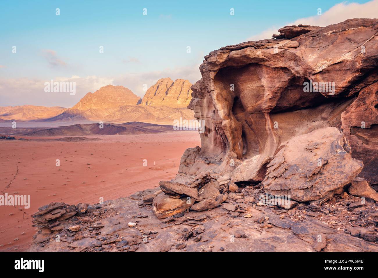 Red sandstone rocks formations in Wadi Rum also known as Valley of the ...