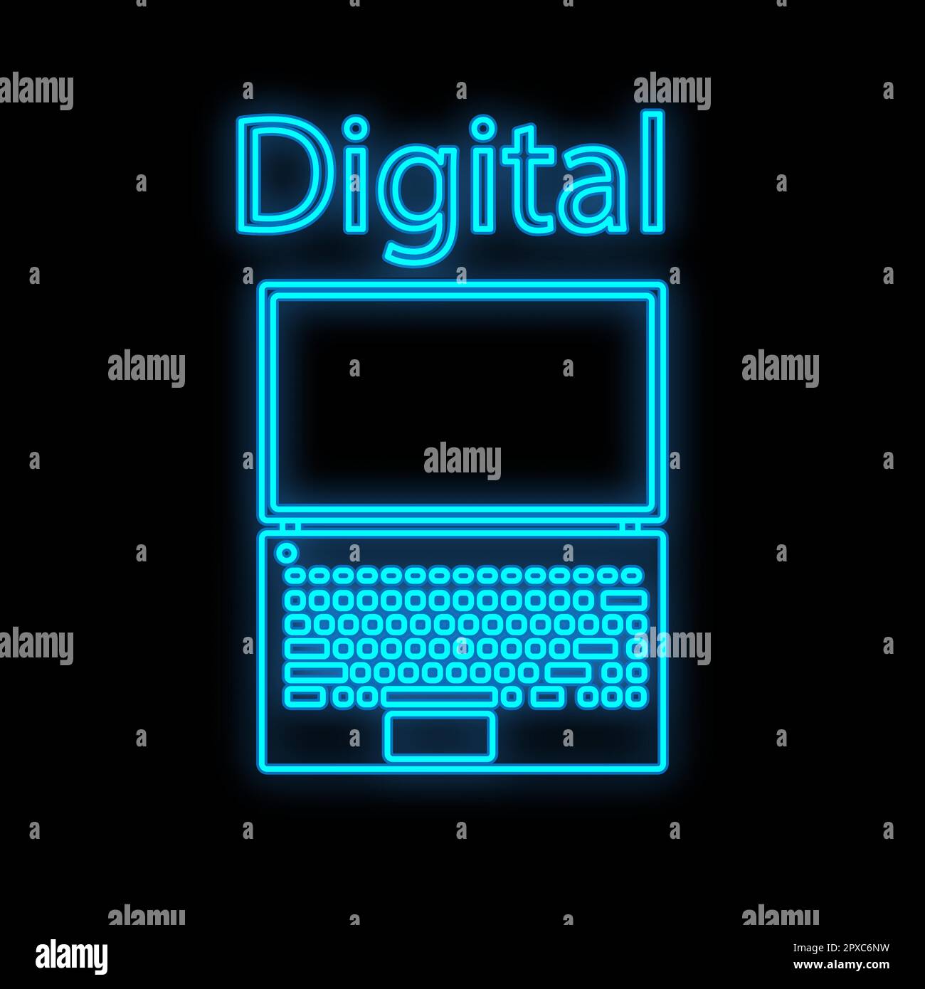 Bright luminous blue digital neon sign for a store or workshop service ...