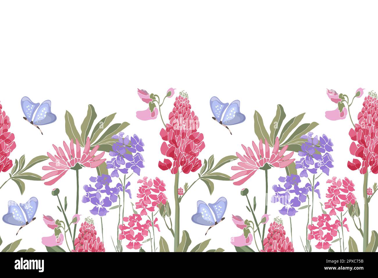 Vector floral seamless border. Spring flowers, green leaves ...