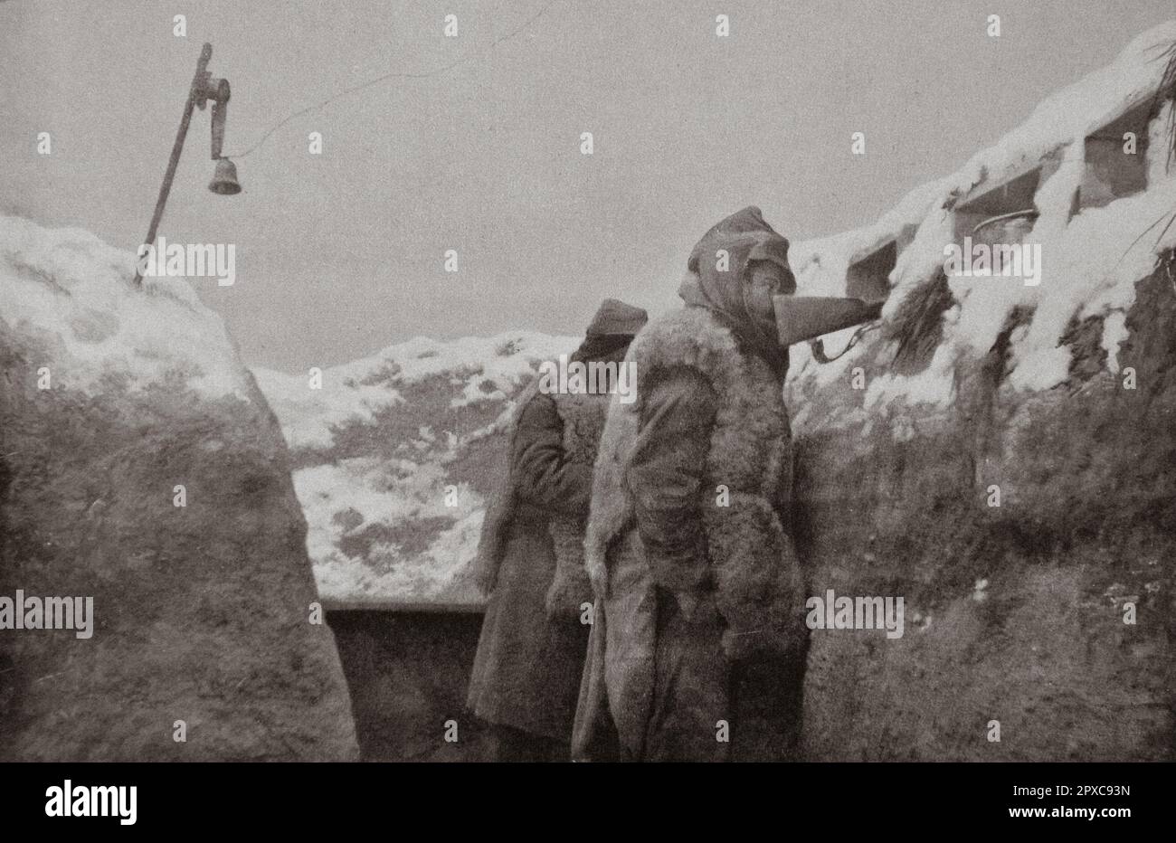 World War I. The alarm bell. French patrol in the trench. Connected to ...