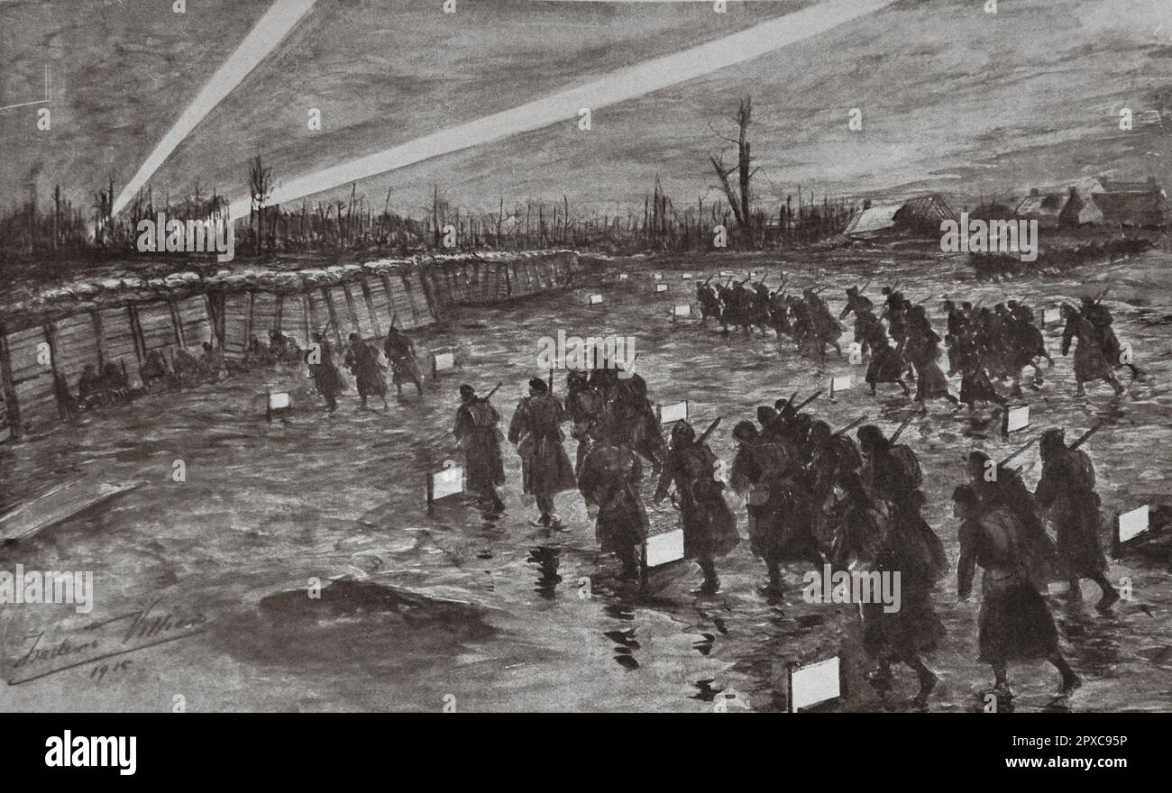 World War I. In front of Neuve-Chapelle: the night gathering of the ...