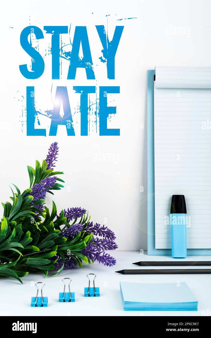 Handwriting text Stay Late, Business overview A routine in which a ...