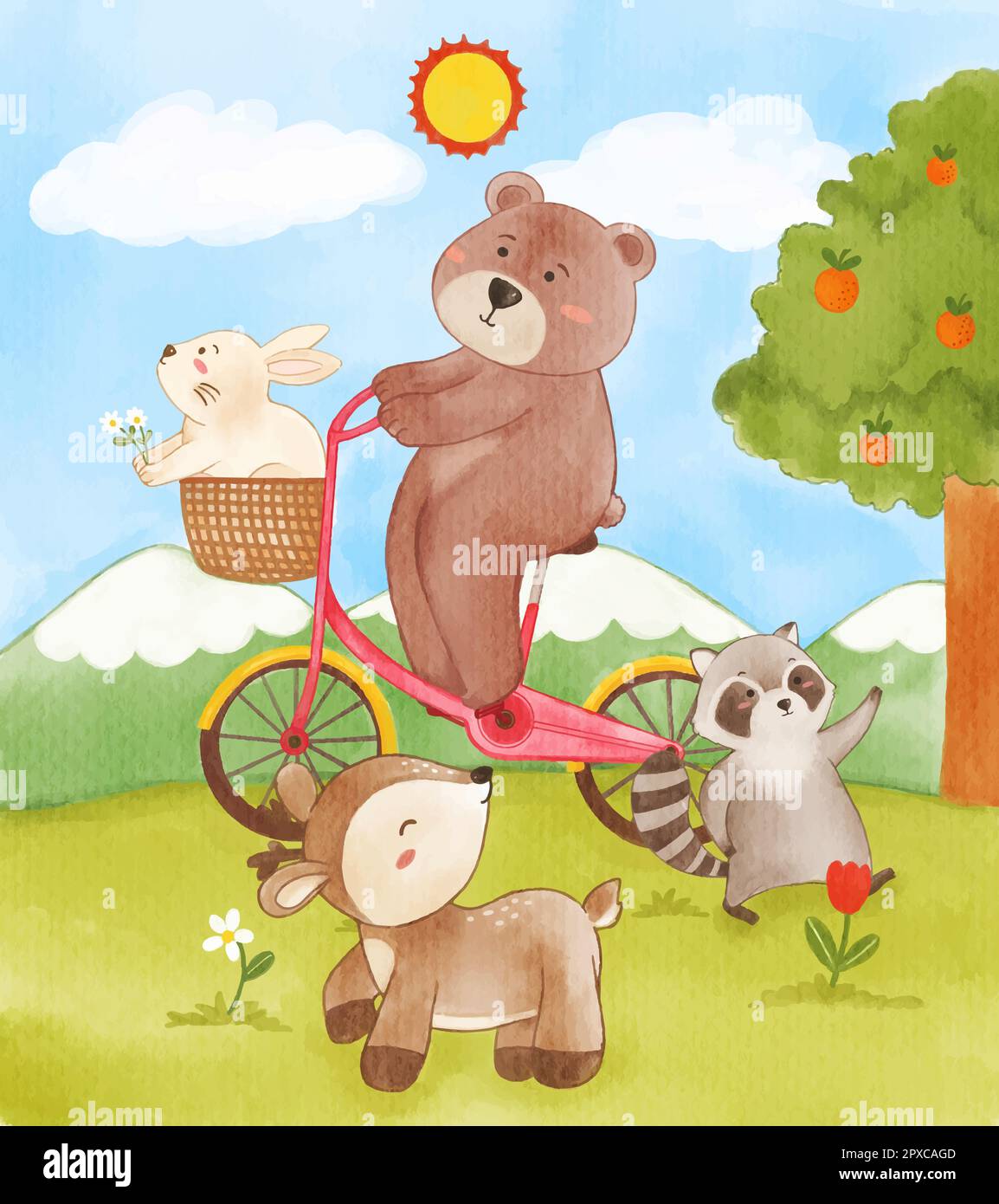 Many wildlife animals in garden . Bear ride bicycle and rabbit on ...