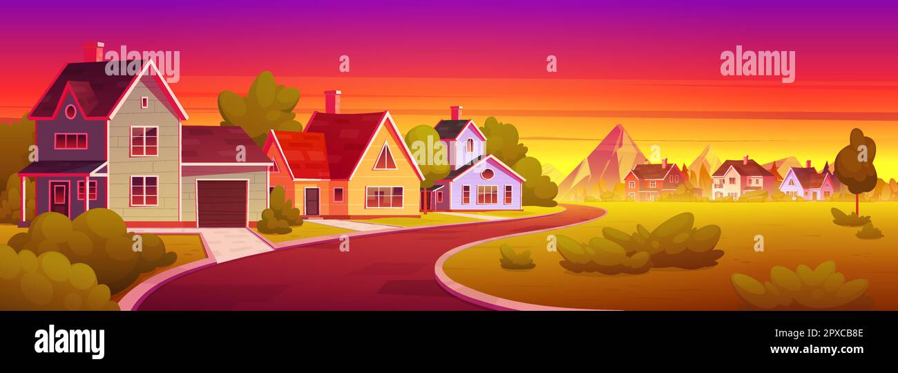 Cartoon town street with mountain sunset on horizon. Vector ...