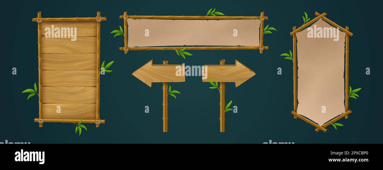 Wooden bamboo sign board frame game ui vector set. Wooden signboard ...