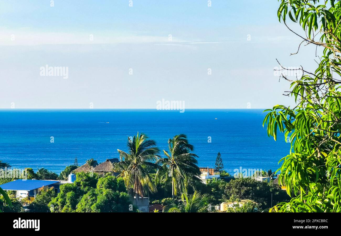 Beautiful natural panorama view with sea waves palm trees blue sky and ...