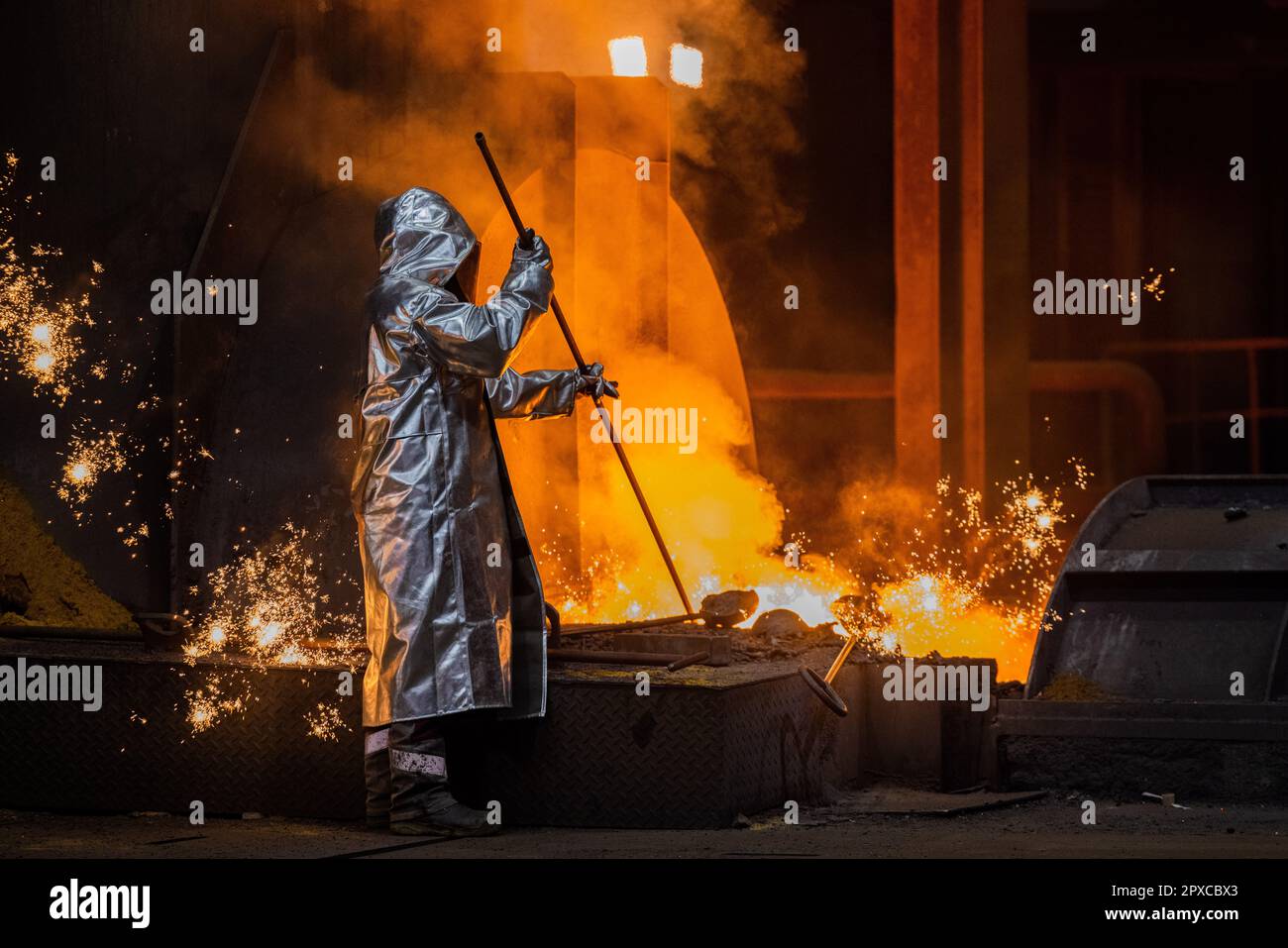 Duisburg, Germany. 02nd May, 2023. A thyssenkrupp steelworker checks ...