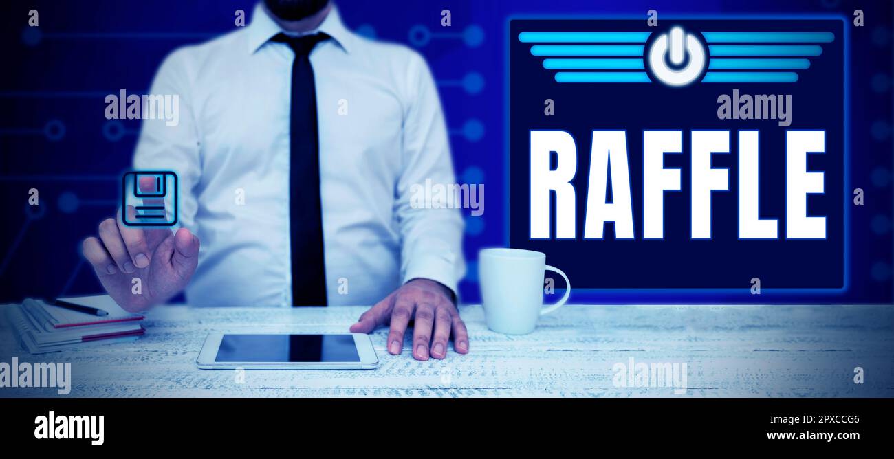 Hand writing sign Raffle, Word for means of raising money by selling ...