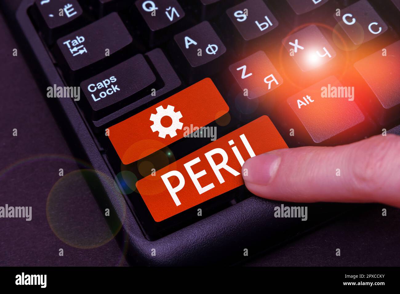 Sign displaying Peril, Word for indicates something extremely difficult ...