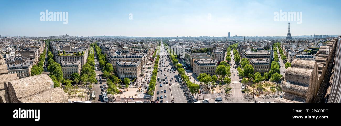 Panoramic View from Arc de Triomphe South East to Sacre Coeur, Louvre Palace and Tour Eiffel ...
