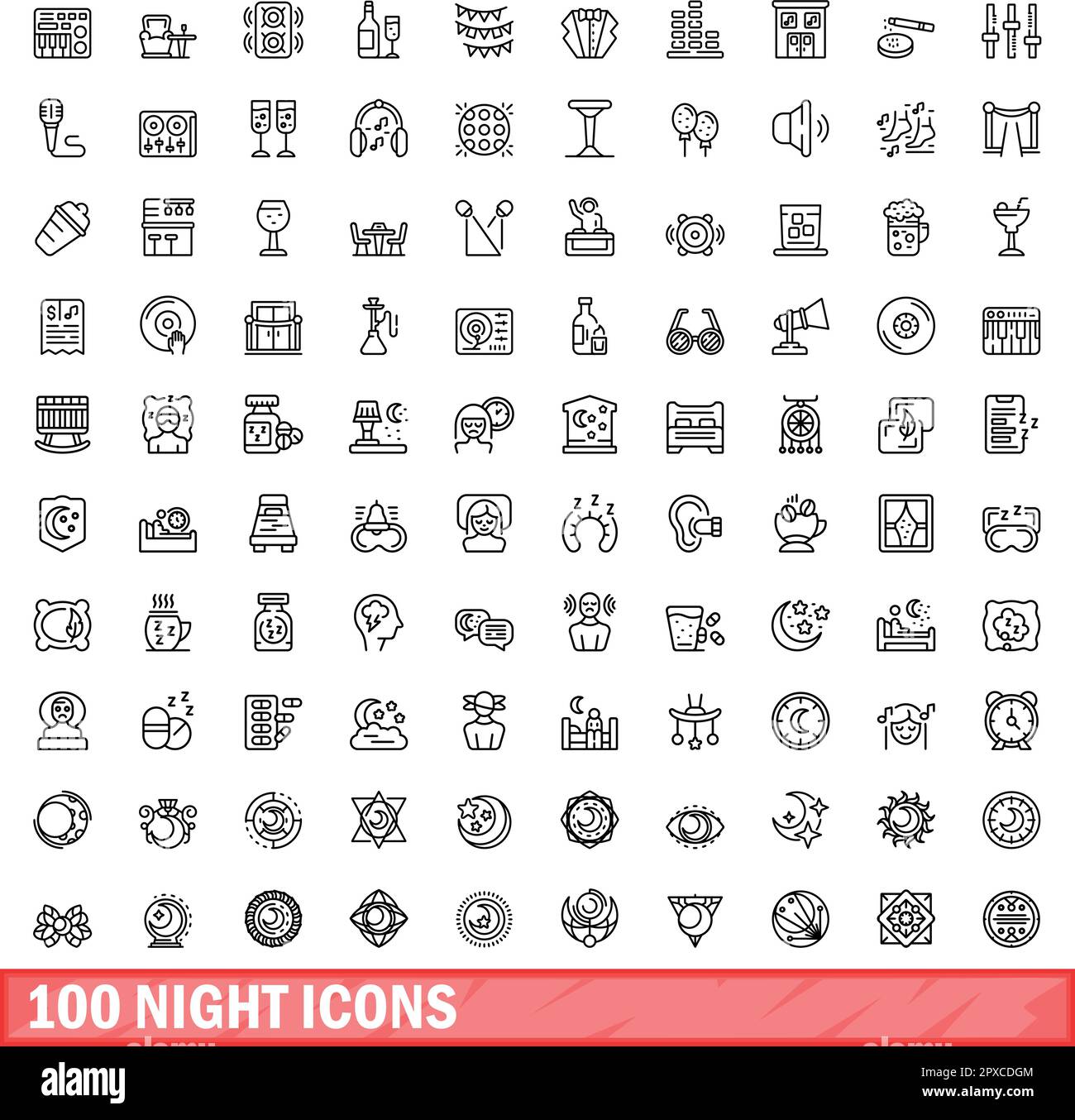 100 night icons set. Outline illustration of 100 night icons vector set ...