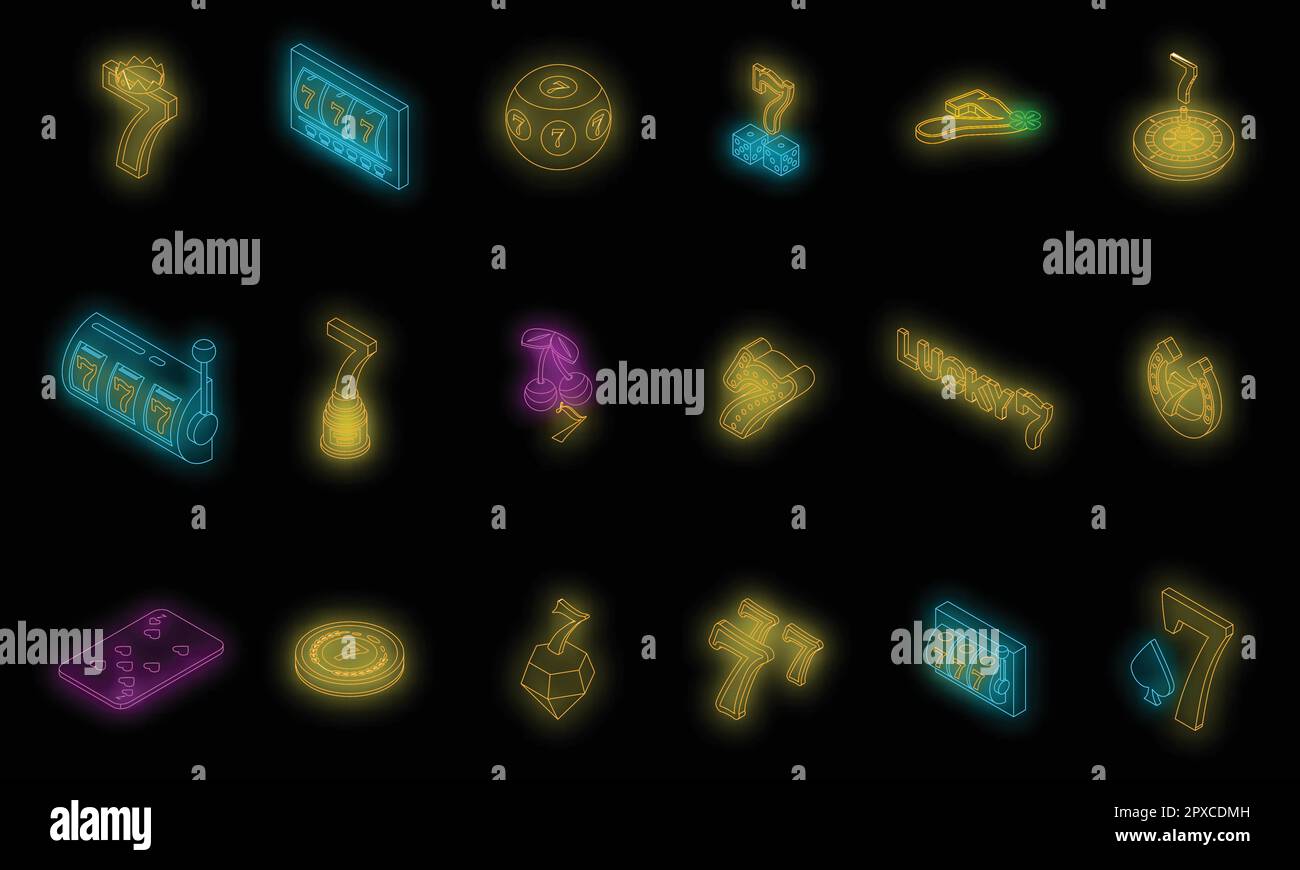 Lucky 7 icons set. Isometric set of lucky 7 vector icons neon color on ...